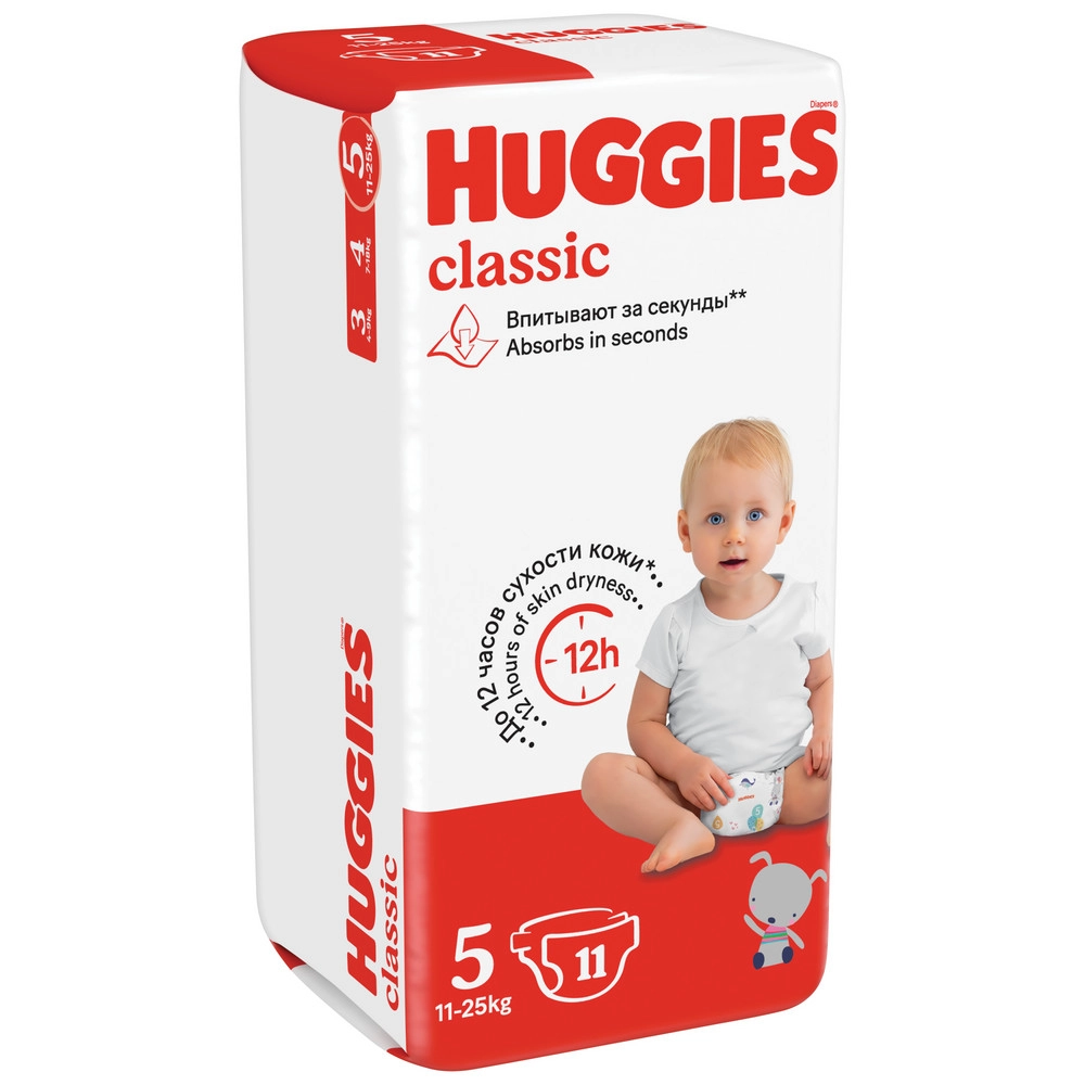 Huggies Classic, подгузники для детей, 5 размер (11-25 кг), 11 шт ...